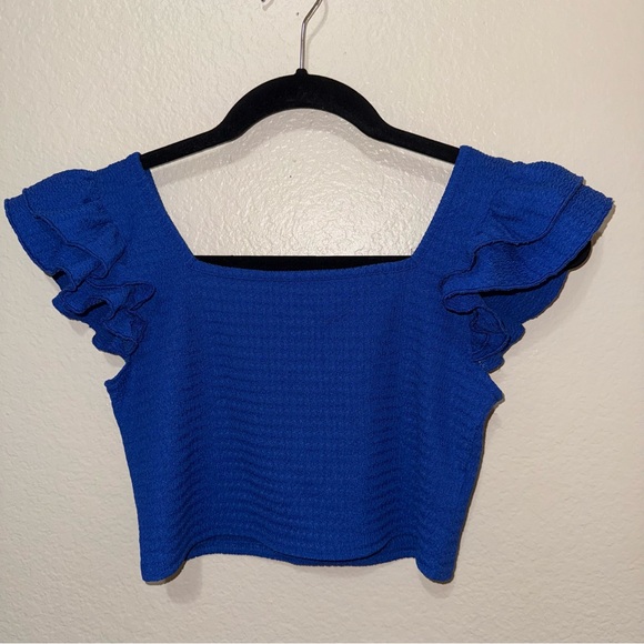 SHEIN | Shirts & Tops | Shein Tween Girls Blue Solid Square Neck Ruffle ...